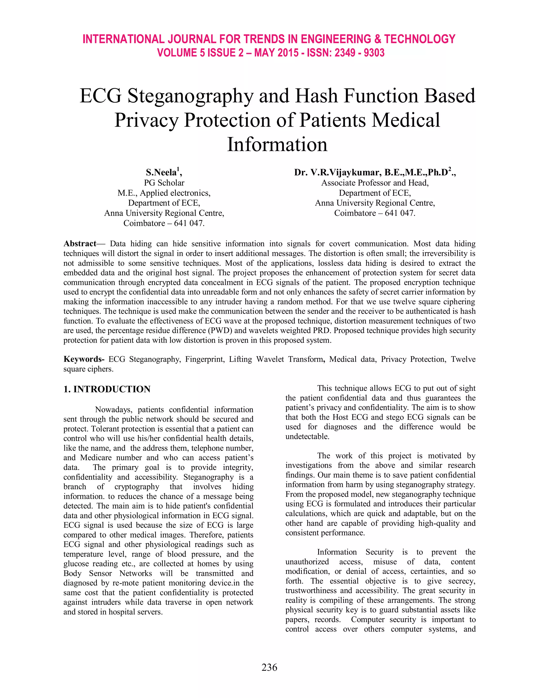 ECG Steganography and Hash Function Based Privacy Protection of Patients Medical Information | PDF