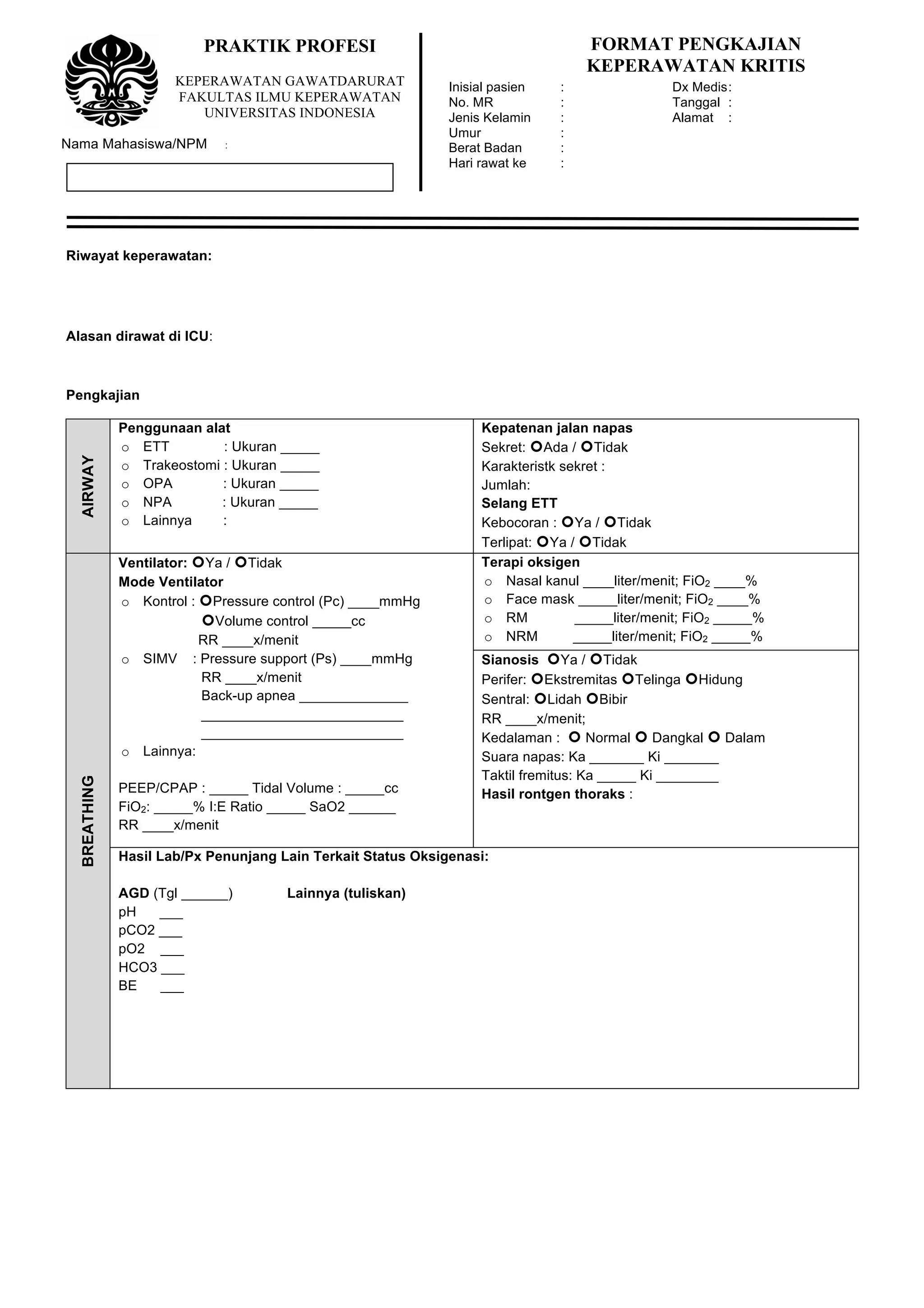 Critical Care / ICU assessment and Monitoring Sheet | PDF