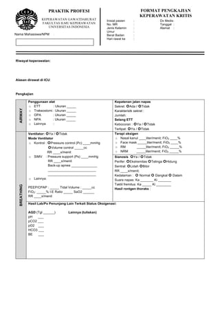 Critical Care / ICU assessment and Monitoring Sheet | PDF