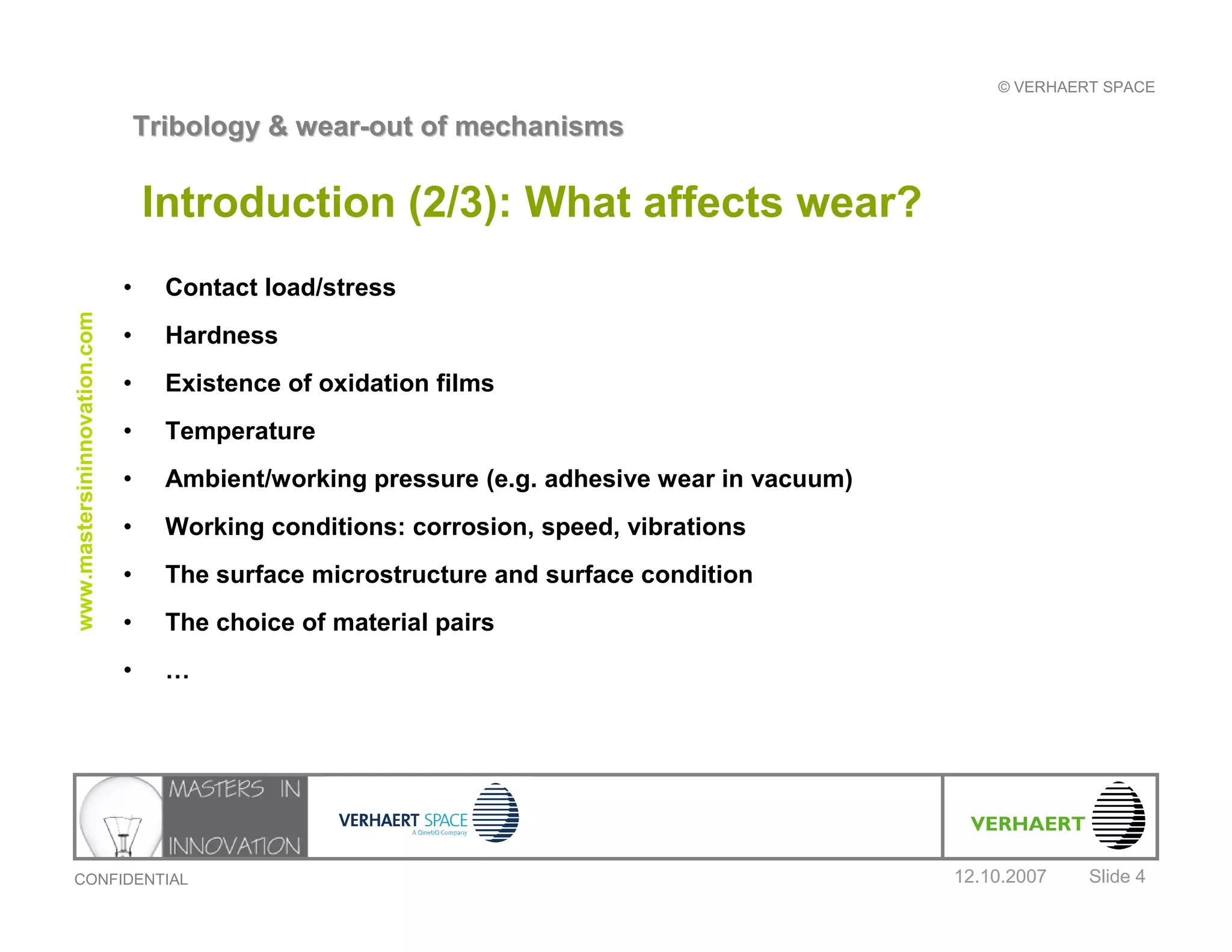 Tribology And Wear Out Of Mechanisms Verhaert Space | PDF