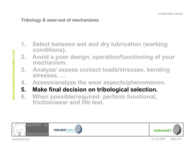 Tribology And Wear Out Of Mechanisms Verhaert Space | PPT