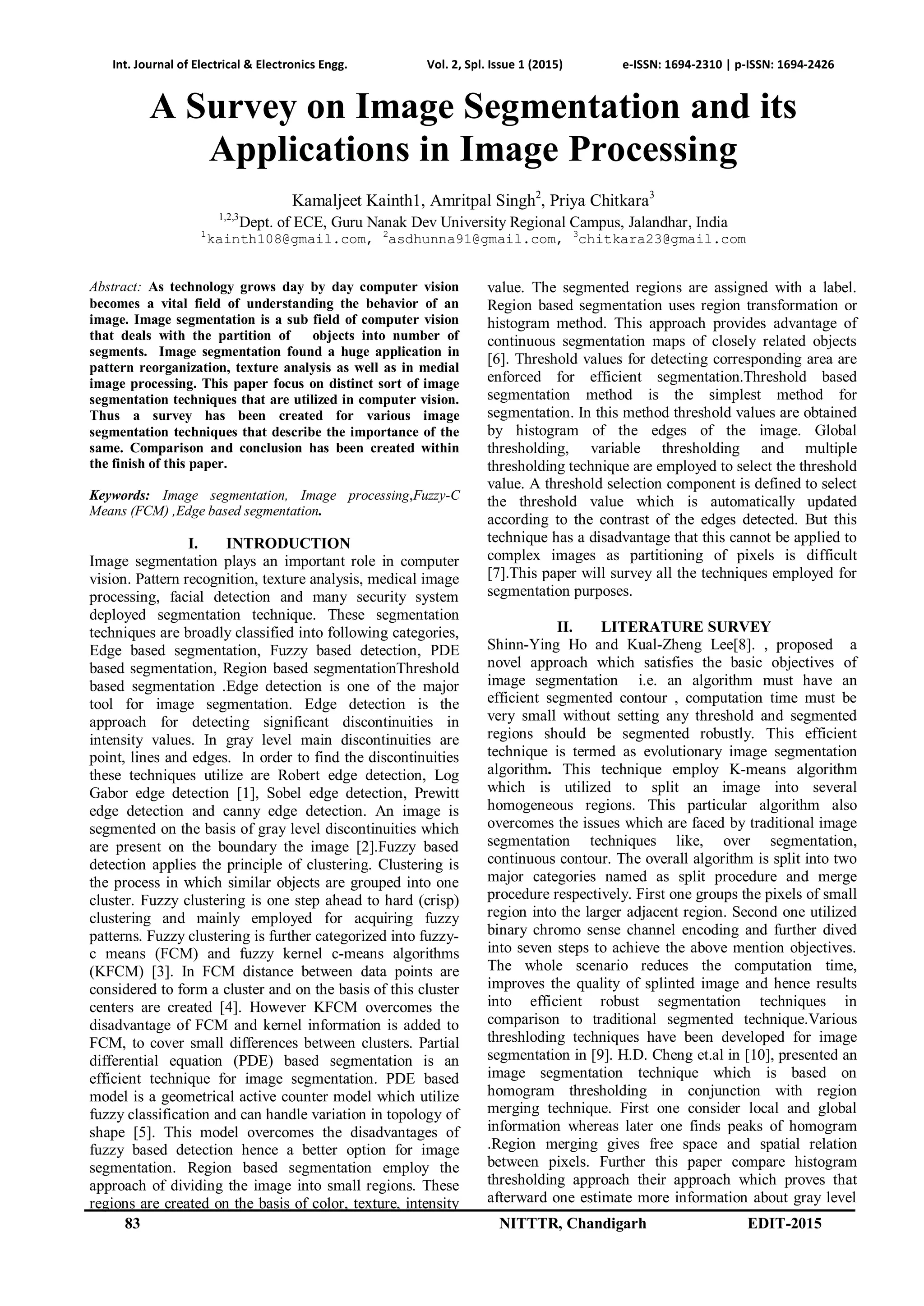 A Survey on Image Segmentation and its Applications in Image Processing | PDF
