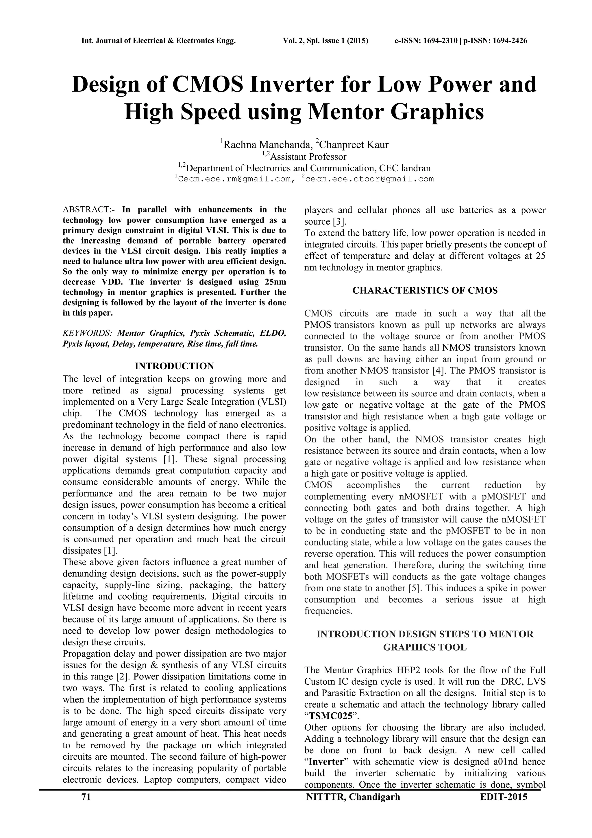 Design of CMOS Inverter for Low Power and High Speed using Mentor Graphics | PDF
