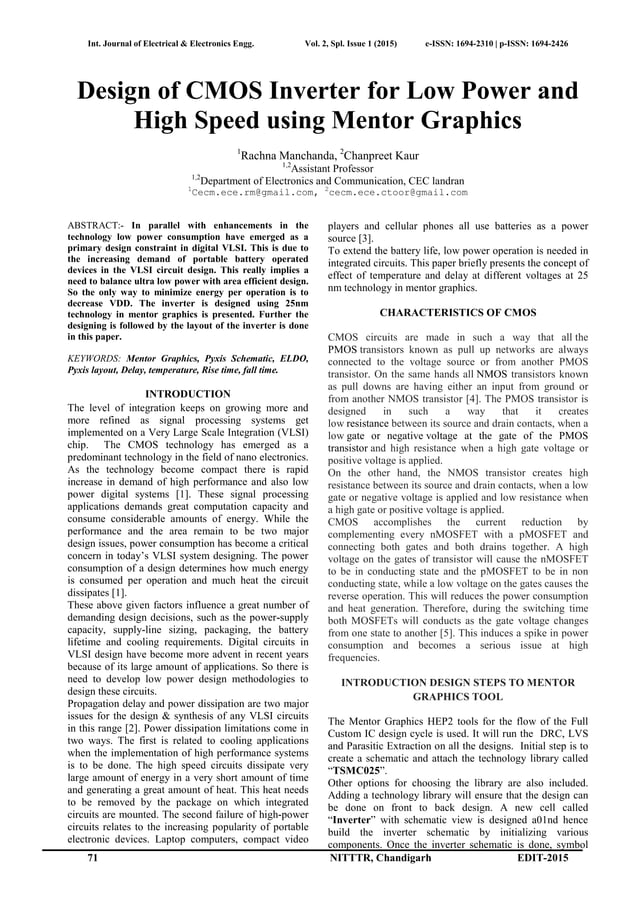 Design of CMOS Inverter for Low Power and High Speed using Mentor ...