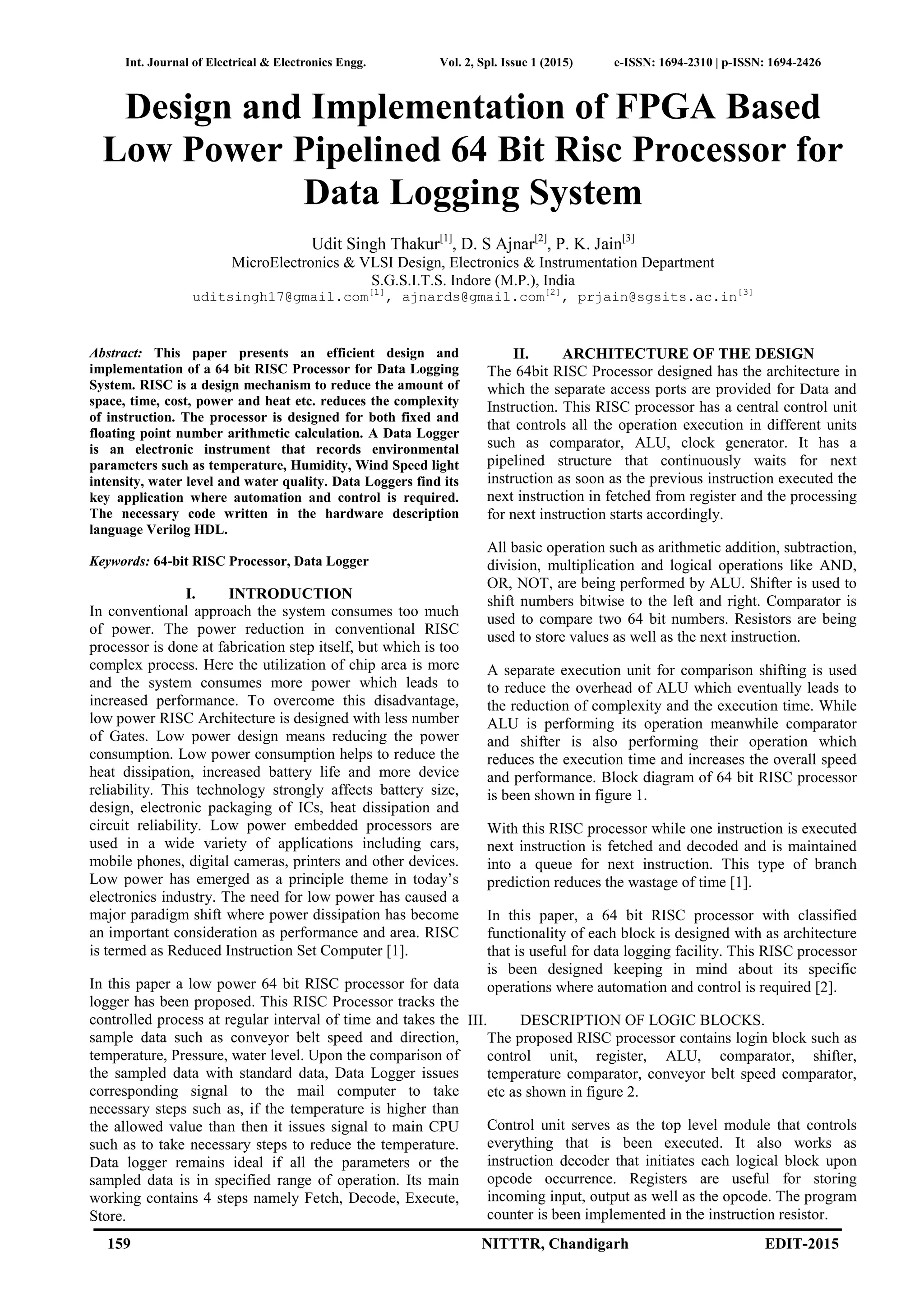 Design And Implementation Of Fpga Based Low Power Pipelined 64 Bit Risc Processor For Data