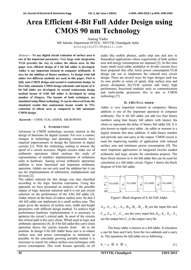 Area Efficient 4-Bit Full Adder Design using CMOS 90 nm Technology | PDF