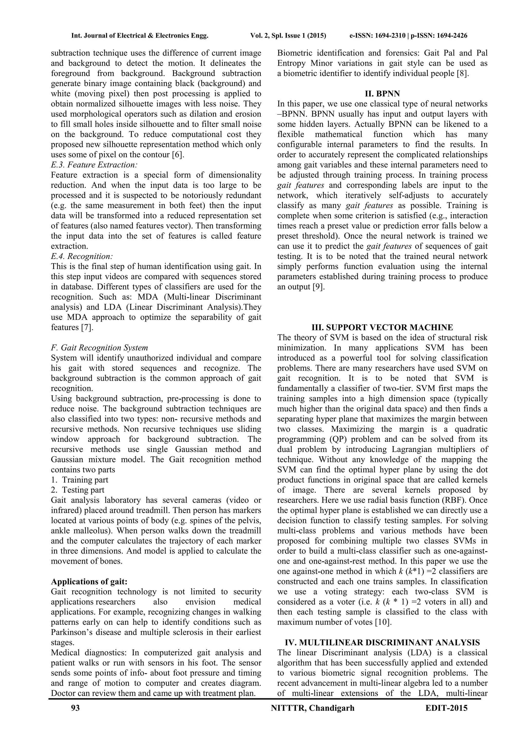 Gait Recognition using MDA, LDA, BPNN and SVM | PDF