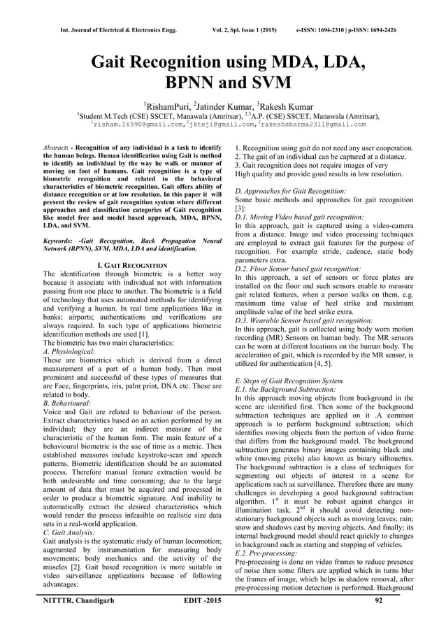 Gait Recognition using MDA, LDA, BPNN and SVM | PDF | Computing | Technology & Computing