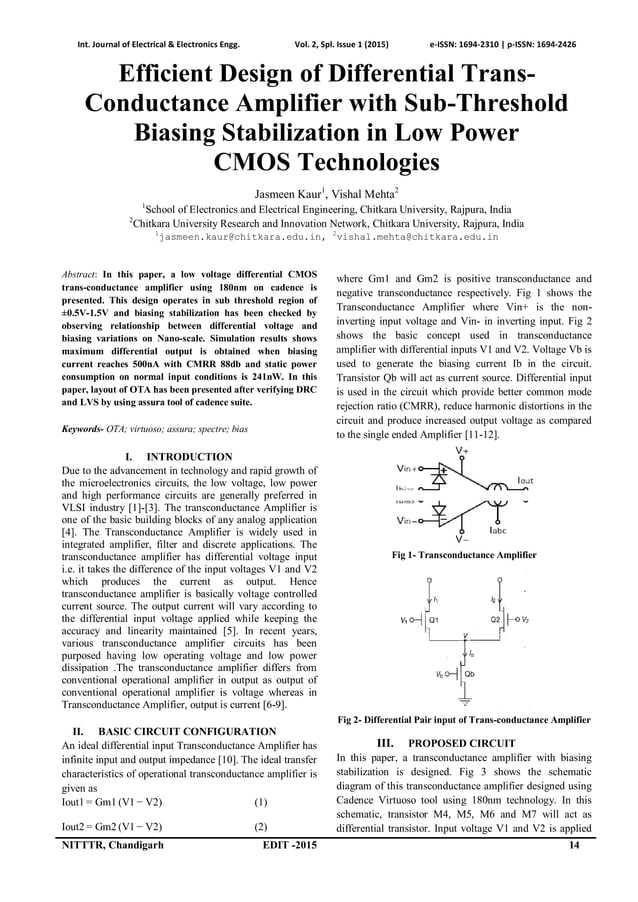 Efficient Design of Differential Trans- Conductance Amplifier with Sub-Threshold Biasing ...