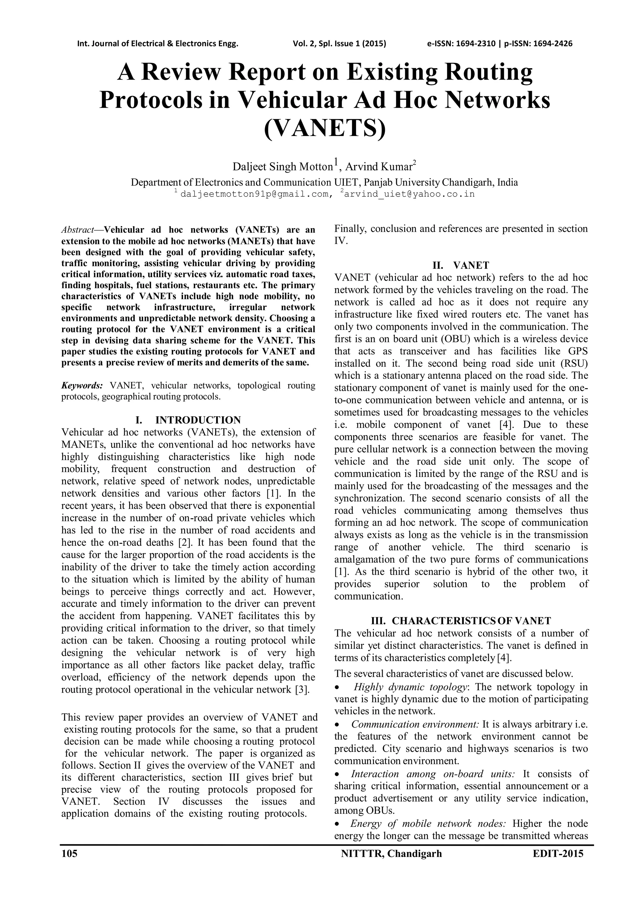 A Review Report on Existing Routing Protocols in Vehicular Ad Hoc Networks (VANETS) | PDF