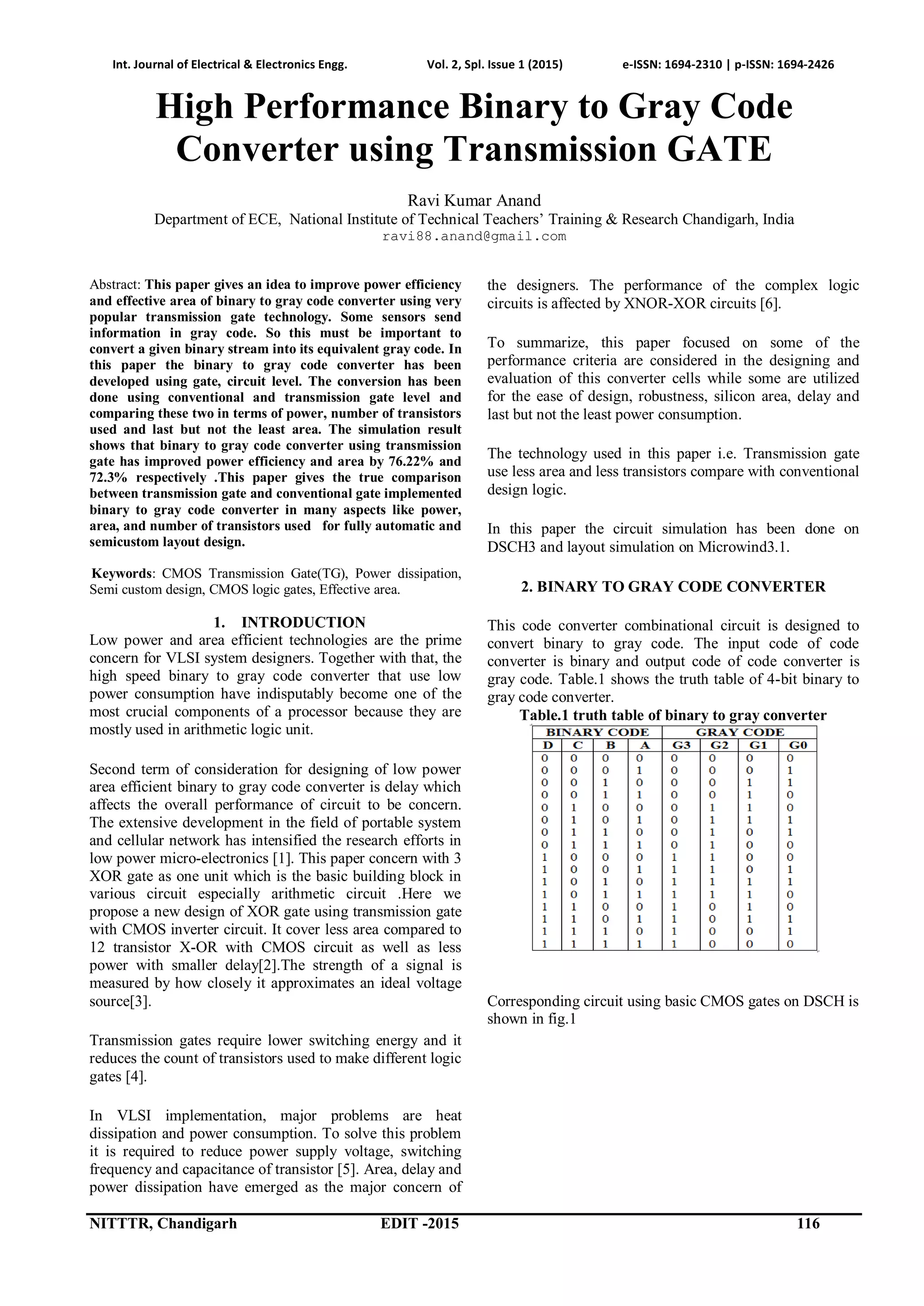 High Performance Binary to Gray Code Converter using Transmission GATE | PDF | Physics | Science