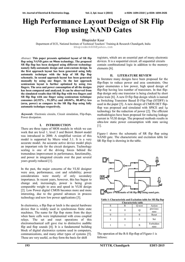 High Performance Layout Design of SR Flip Flop using NAND Gates | PDF