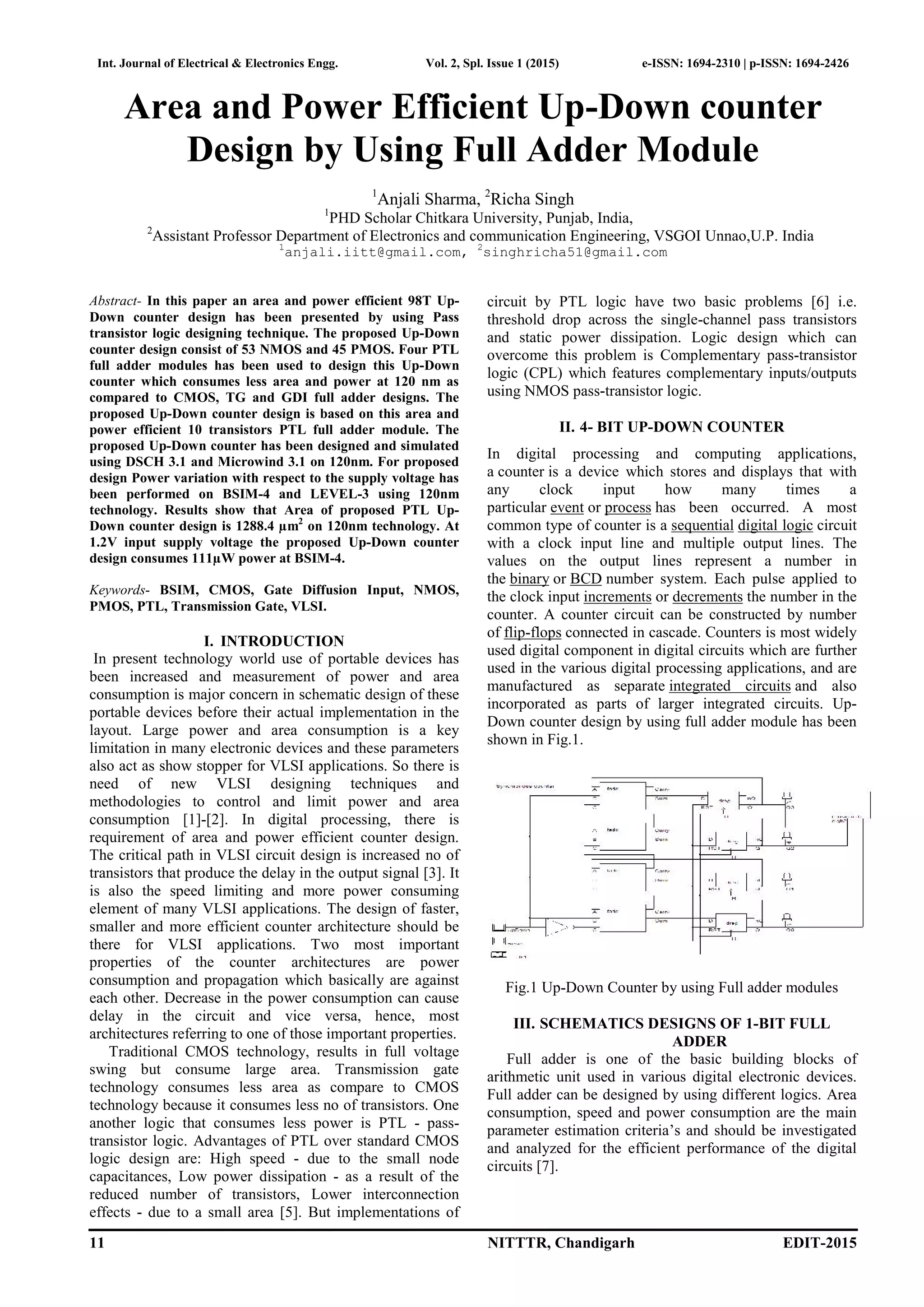 Area and Power Efficient Up-Down counter Design by Using Full Adder Module | PDF