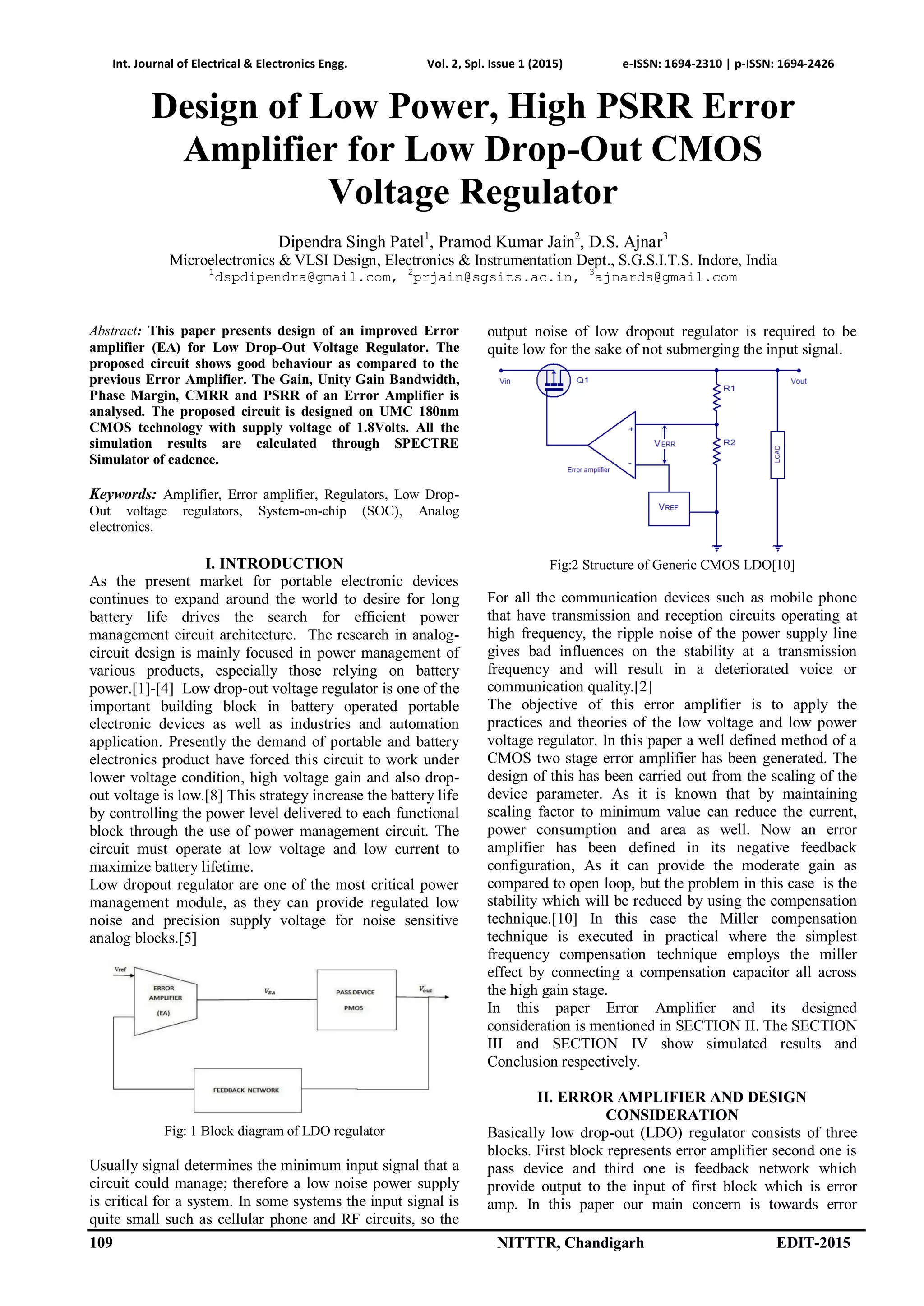 Design of Low Power, High PSRR Error Amplifier for Low Drop-Out CMOS Voltage Regulator | PDF