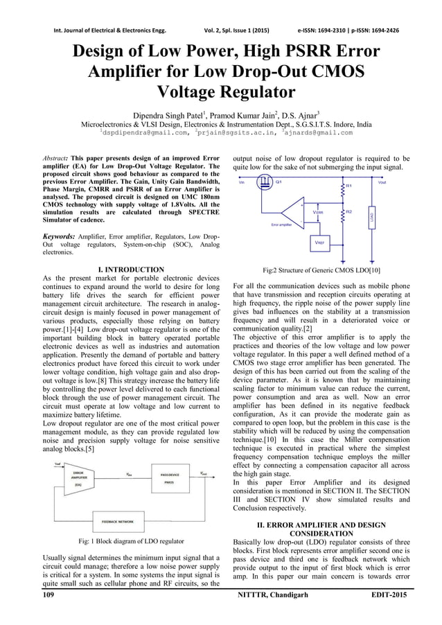 Design of Low Power, High PSRR Error Amplifier for Low Drop-Out CMOS ...