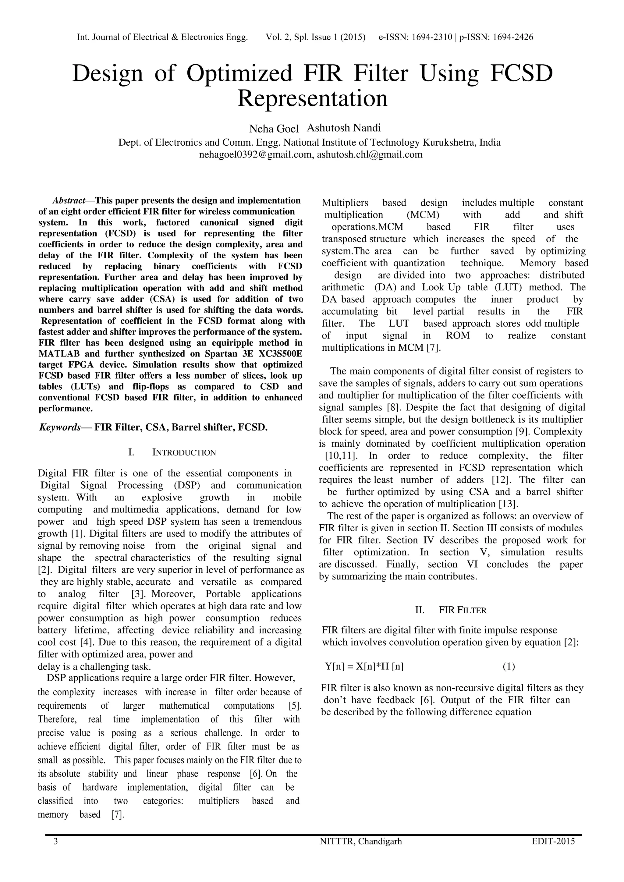 Design of Optimized FIR Filter Using FCSD Representation | PDF