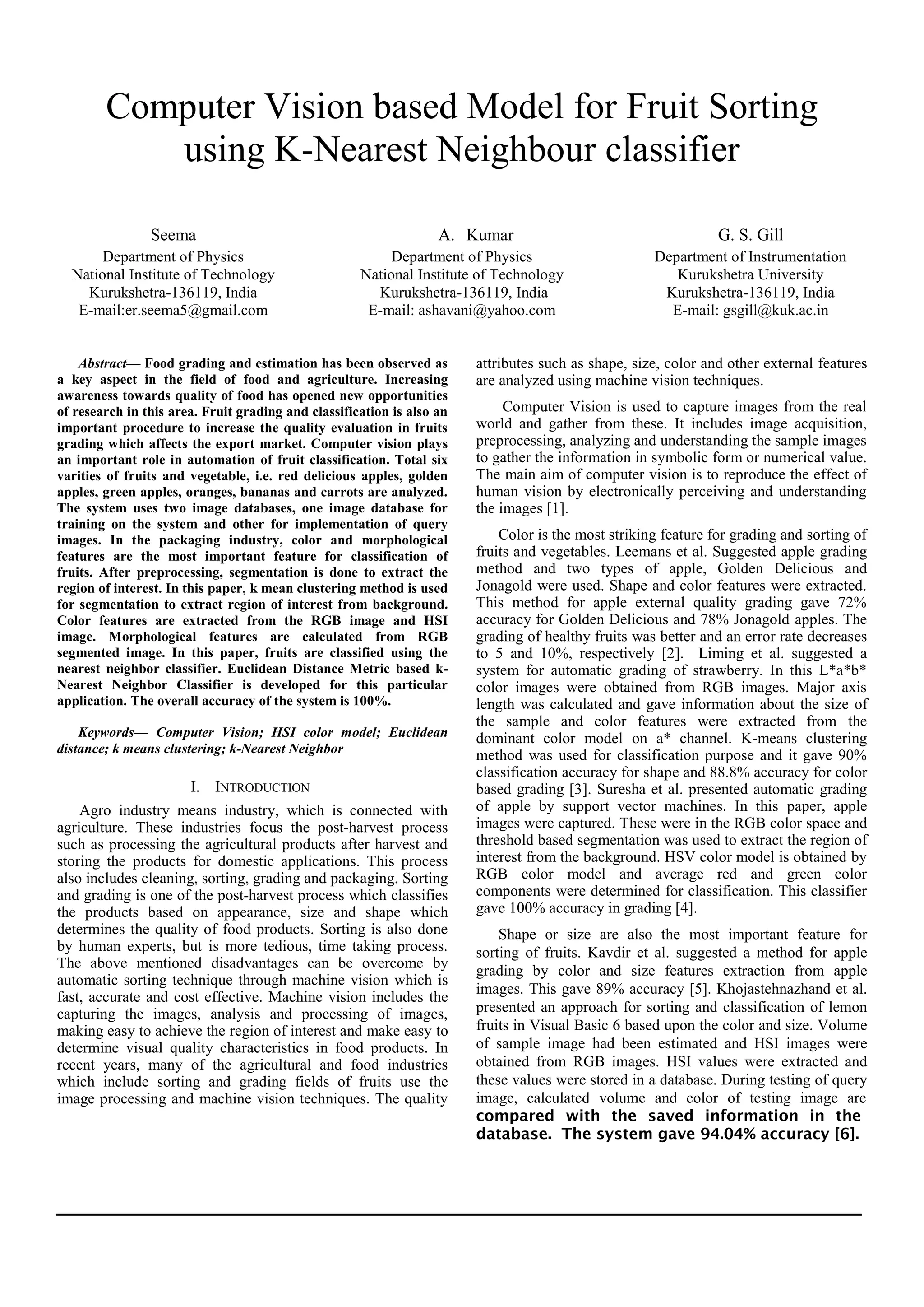 Computer Vision based Model for Fruit Sorting using K-Nearest Neighbour ...