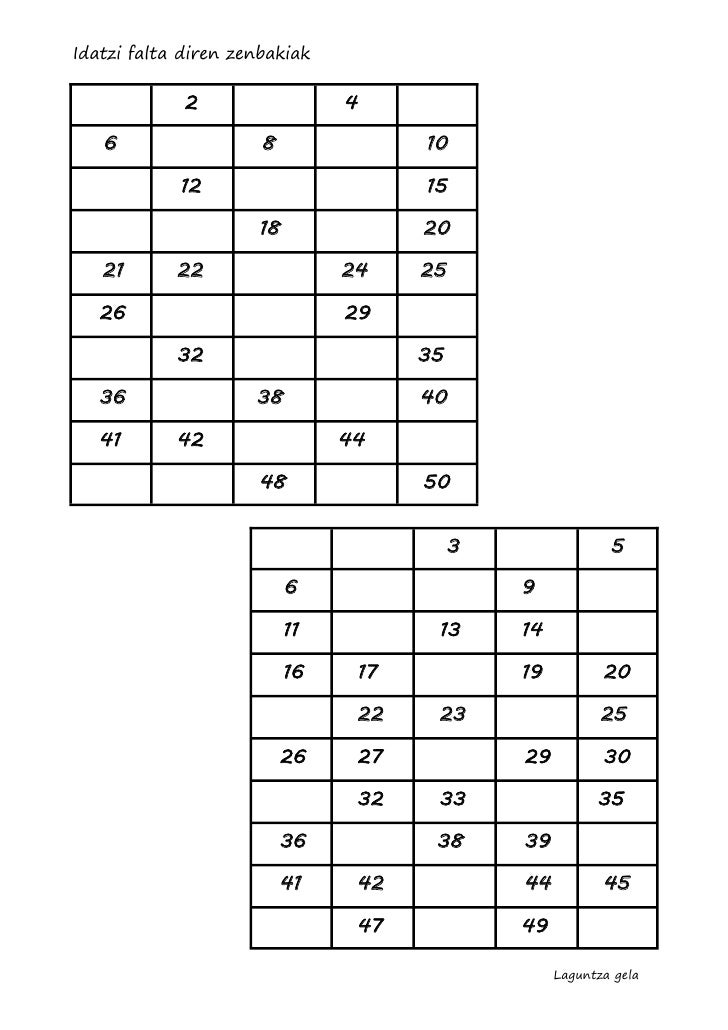 Idatzi falta diren zenbakiak 1 - 50