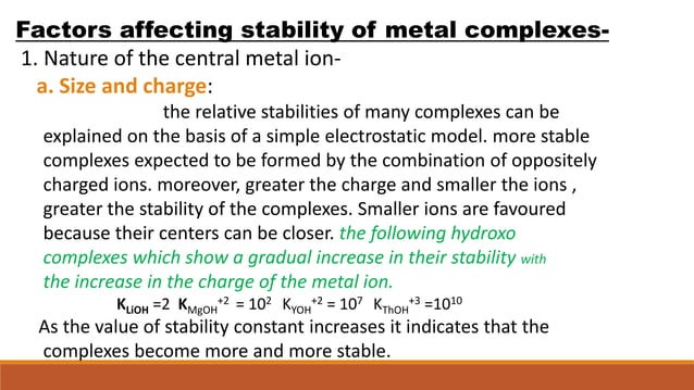 Factors affecting stability of metal complexes | PPTX | Chemistry | Science