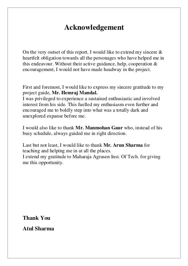 Acknowledgement For Summer Training Report