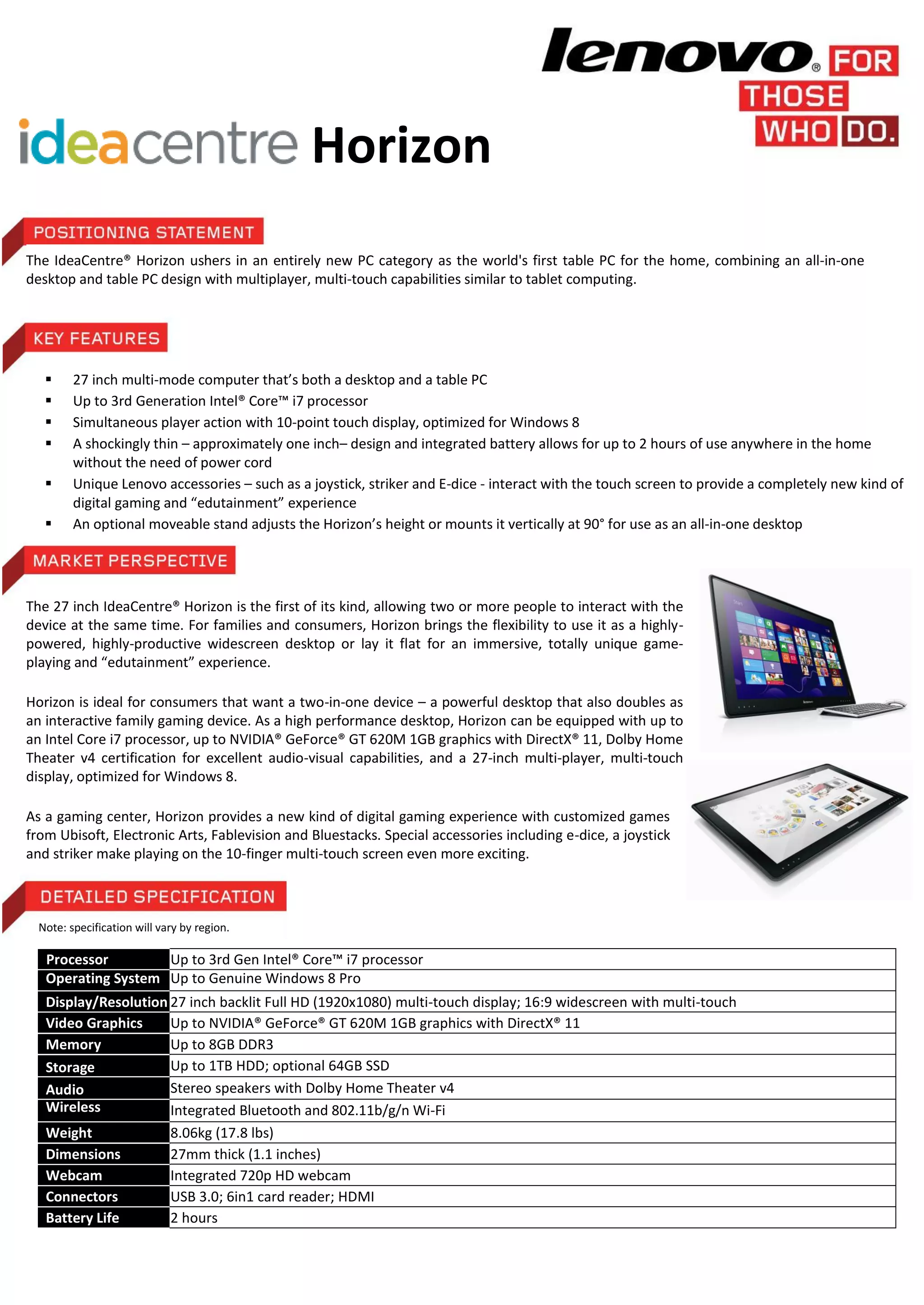 Lenovo: Idea centre horizon spec sheet | PDF