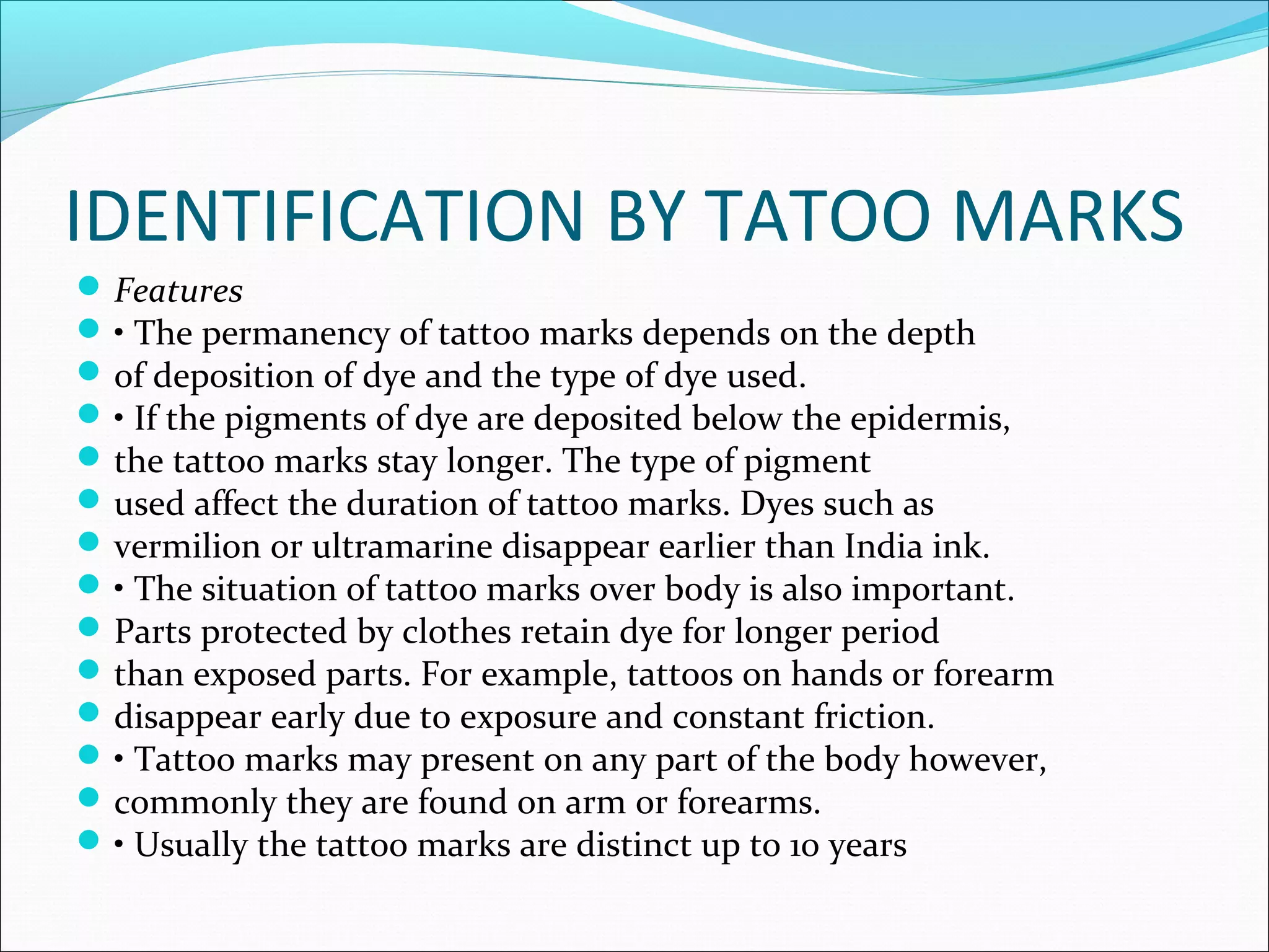 IDENTIFICATION BY SCARS, TATOO MARKS, FINGER PRINT, FOOT PRINTS , SHOE ...