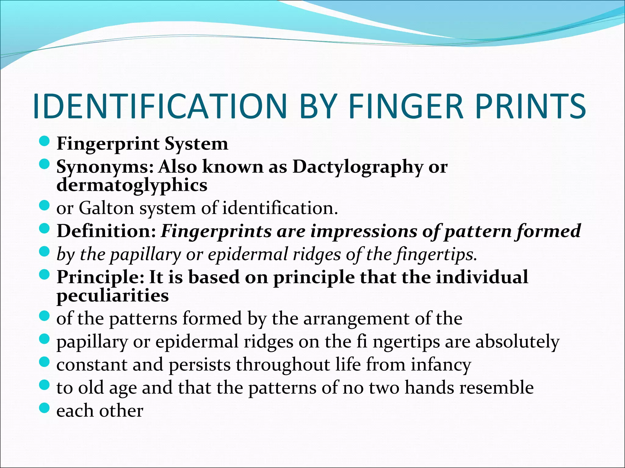 IDENTIFICATION BY SCARS, TATOO MARKS, FINGER PRINT, FOOT PRINTS , SHOE ...