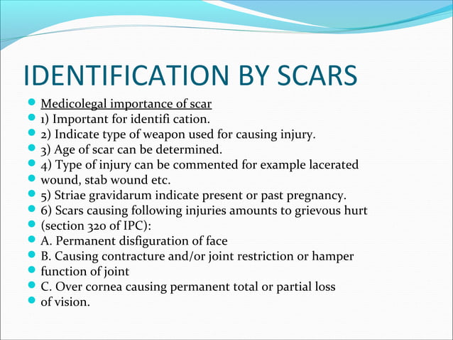 IDENTIFICATION BY SCARS, TATOO MARKS, FINGER PRINT, FOOT PRINTS , SHOE ...