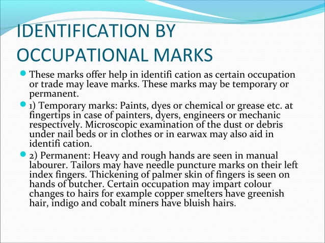 IDENTIFICATION BY SCARS, TATOO MARKS, FINGER PRINT, FOOT PRINTS , SHOE ...