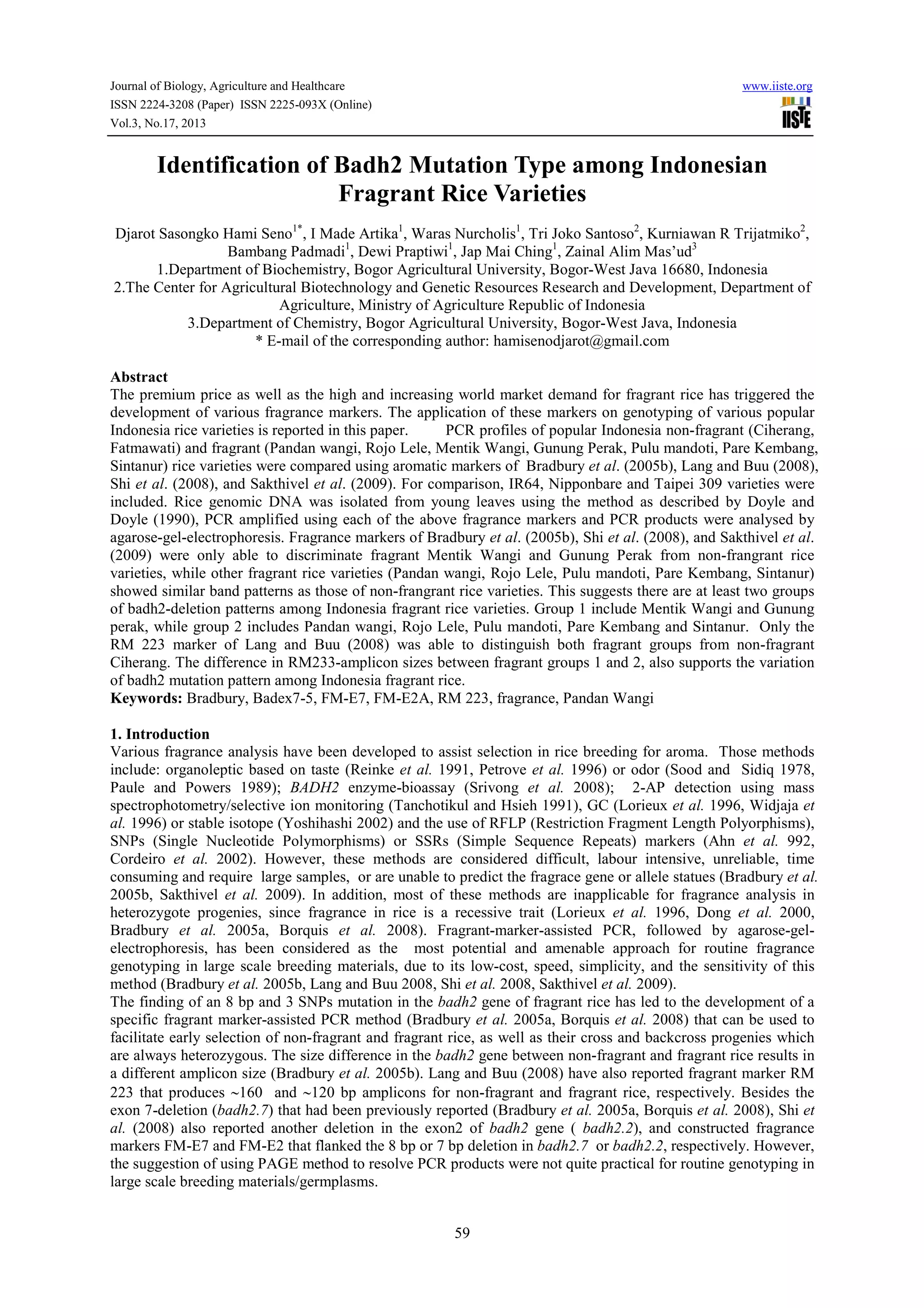 Identification of badh2 mutation type among indonesian fragrant rice ...
