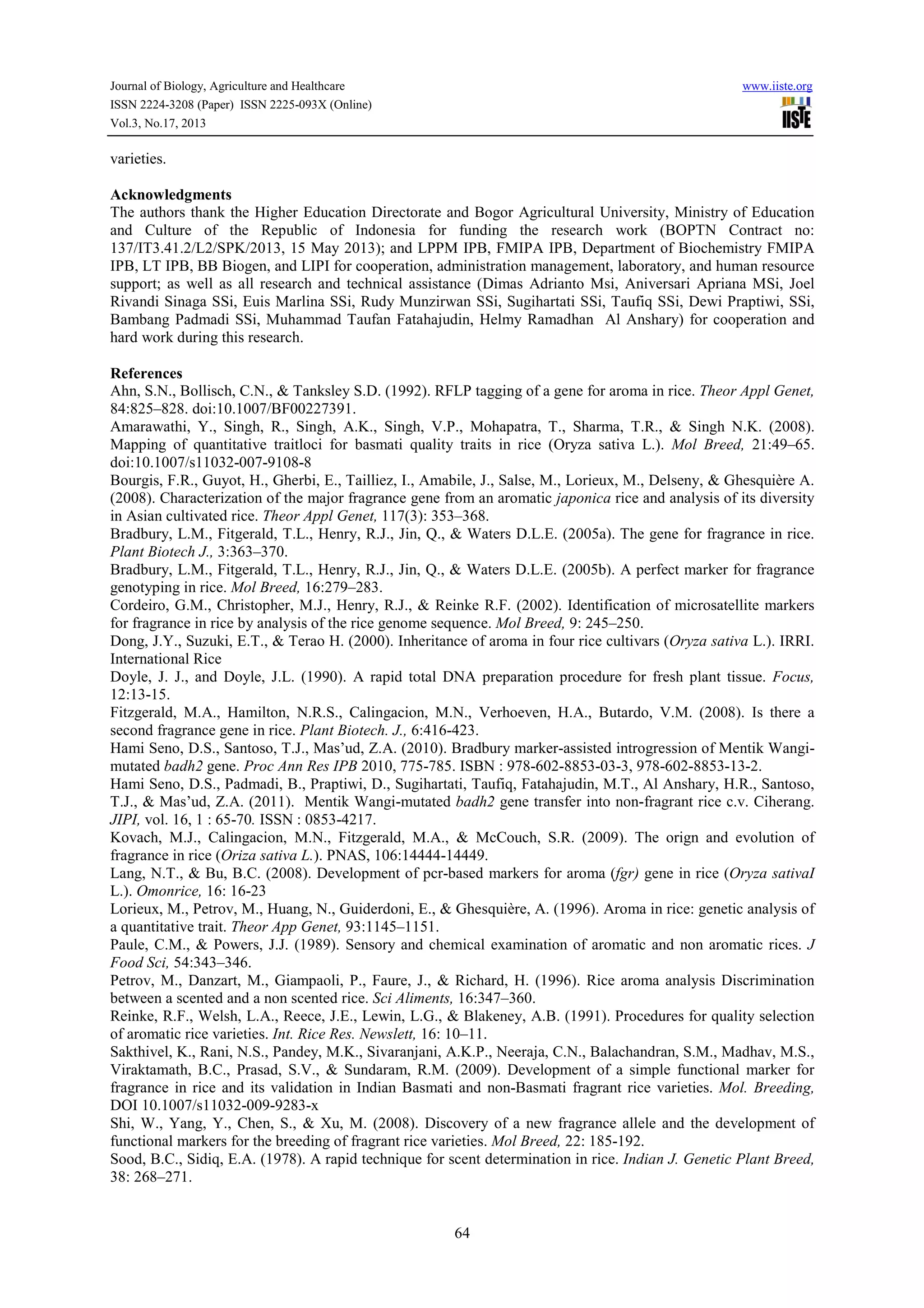 Identification of badh2 mutation type among indonesian fragrant rice varieties | PDF