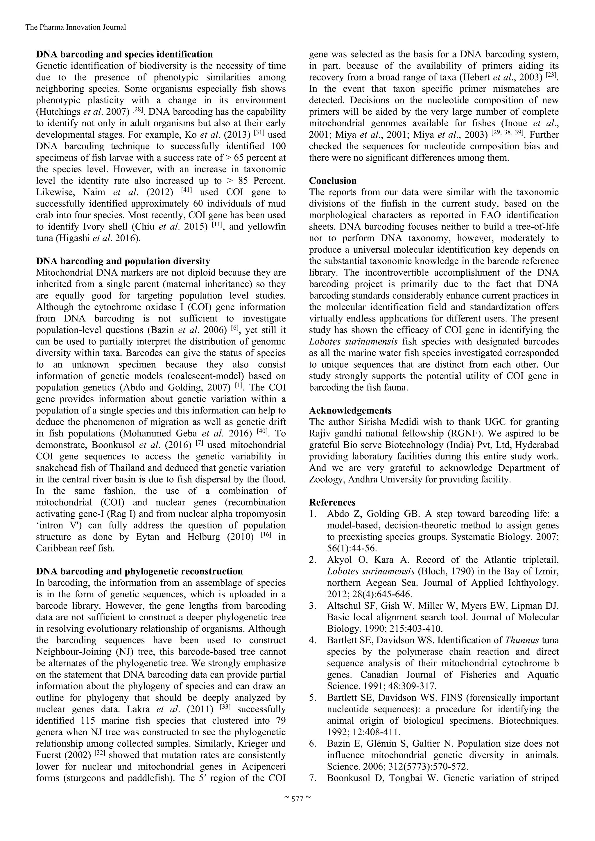 Identification of fish species using dna barcode from visakhapatnam ...