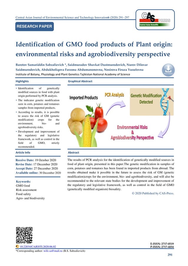 Identification Of GMO Food Products Of Plant Origin Environmental Risks And Agrobiodiversity ...