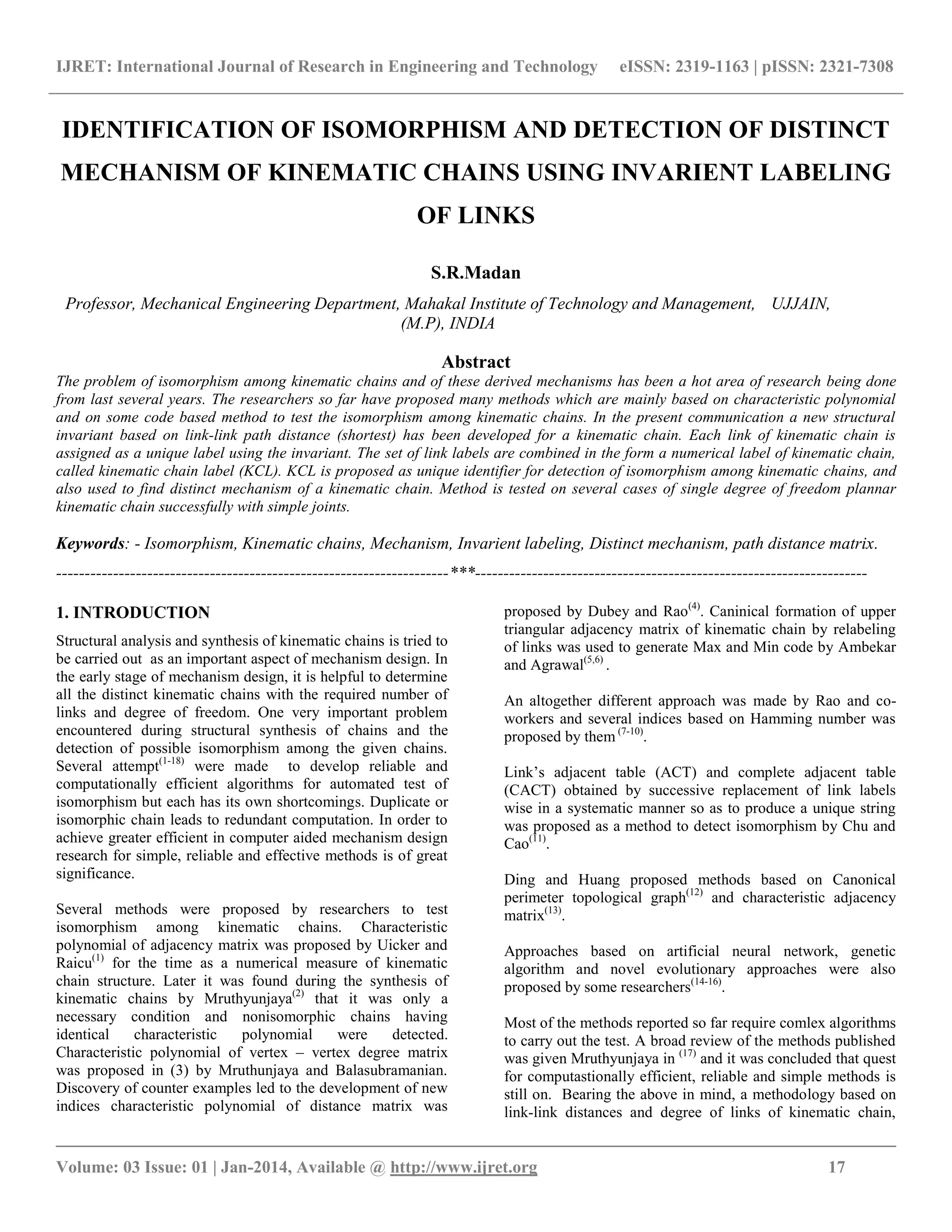 Identification of isomorphism and detection of distinct mechanism of kinematic chains using ...