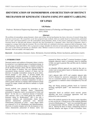 Identification of isomorphism and detection of distinct mechanism of kinematic chains using ...