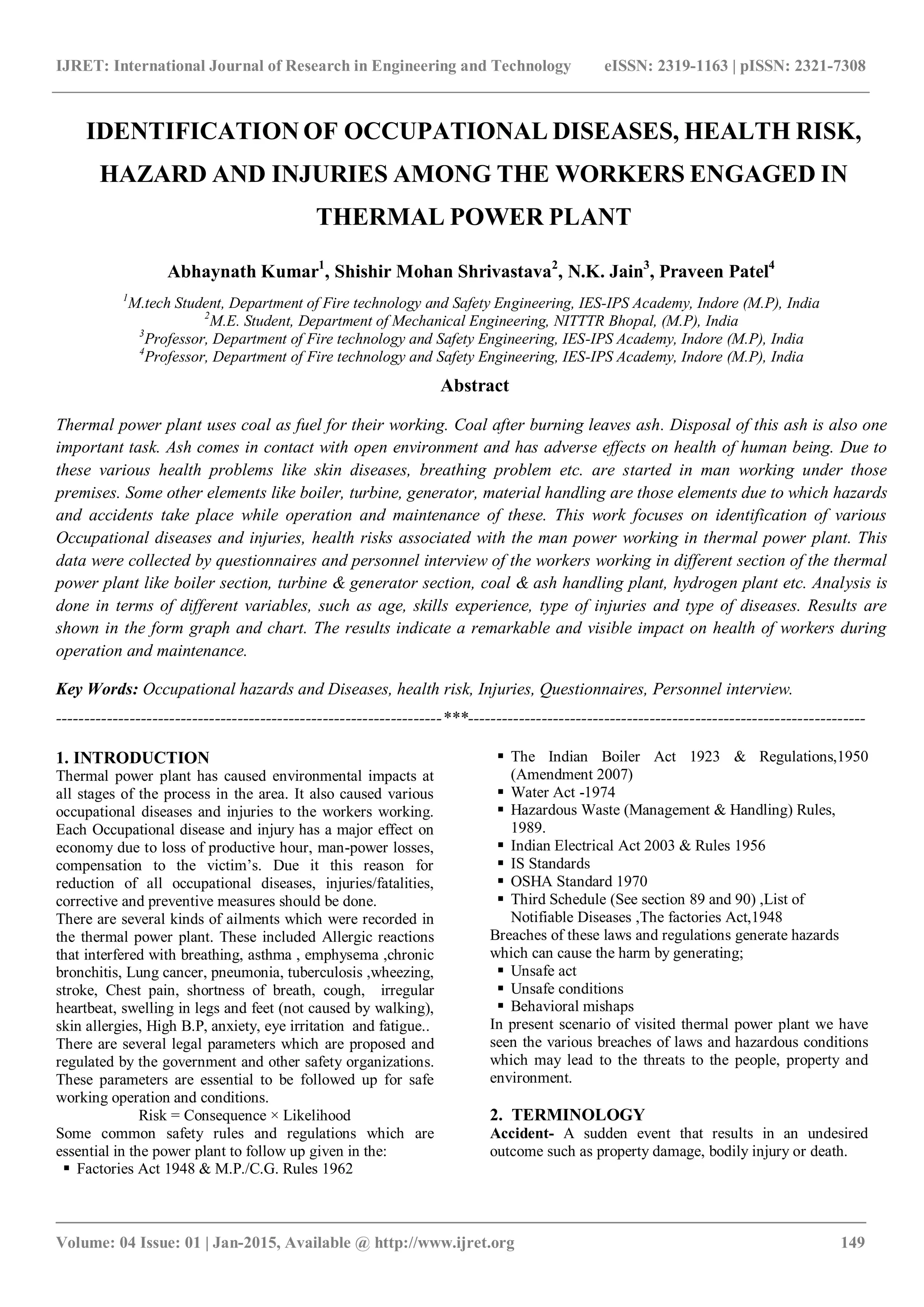 Identification of occupational diseases, health risk, hazard and ...