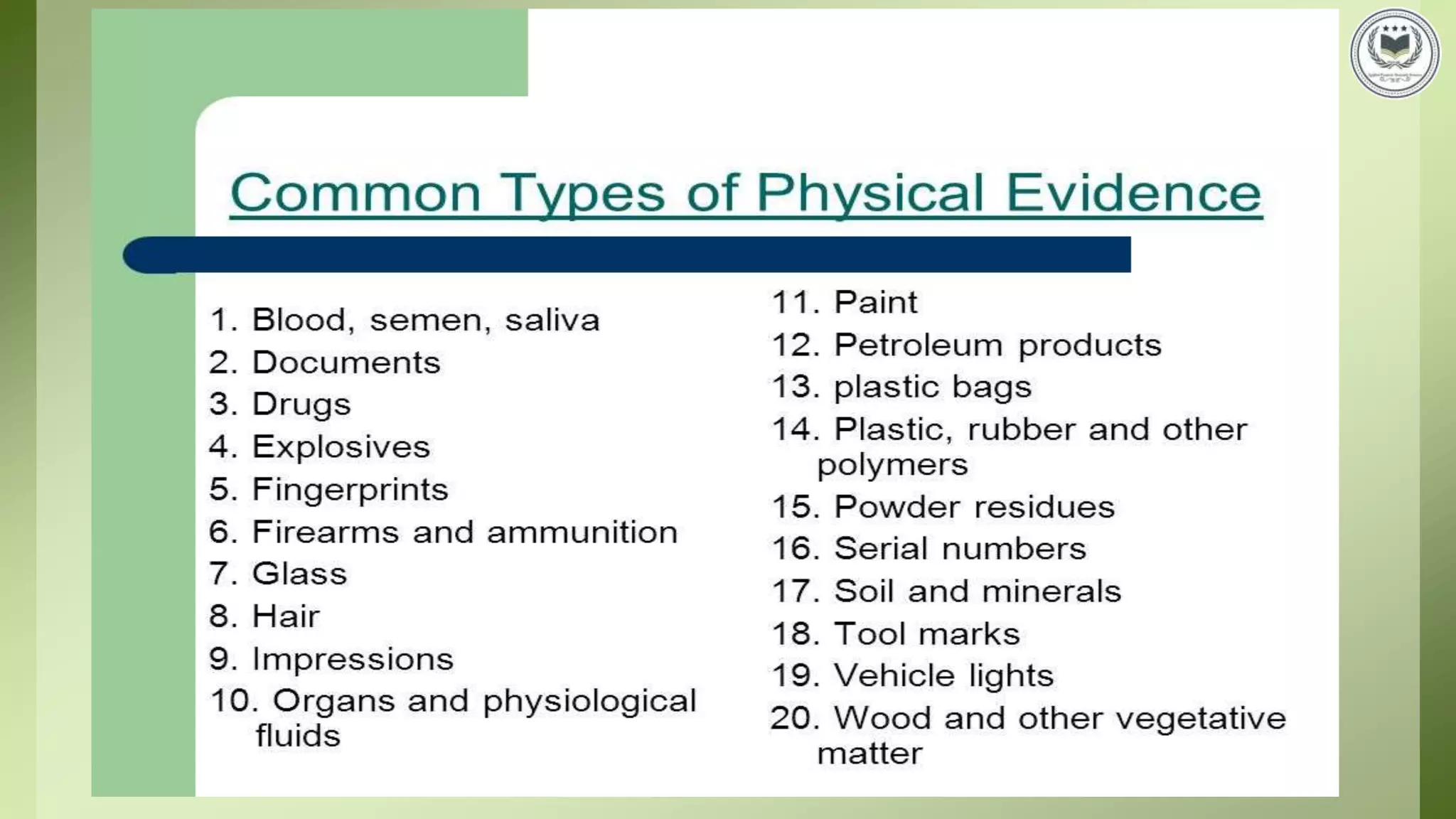 Identification of Physical Evidence pertaining to Wildlife Forensics | PPTX