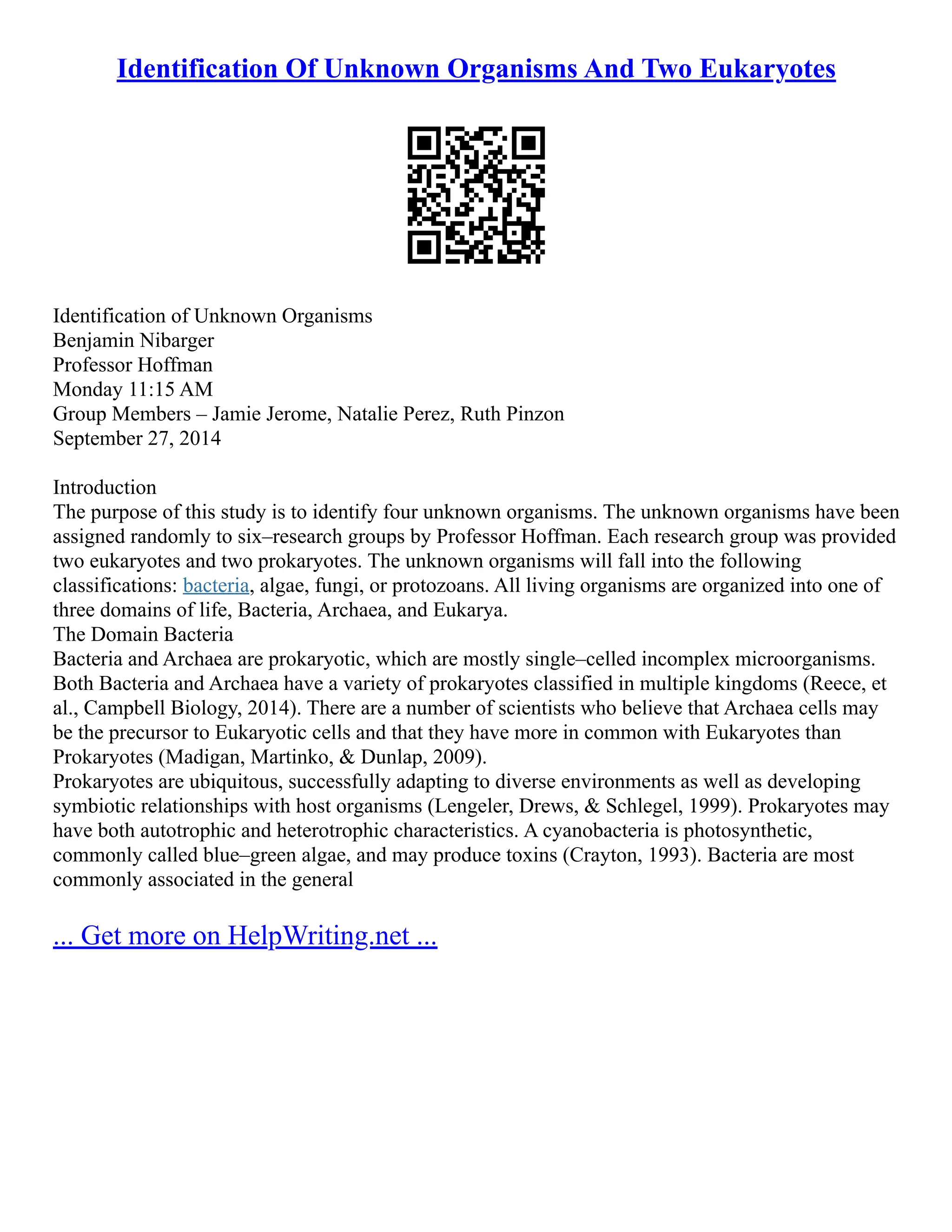 Identification Of Unknown Organisms And Two Eukaryotes | PDF