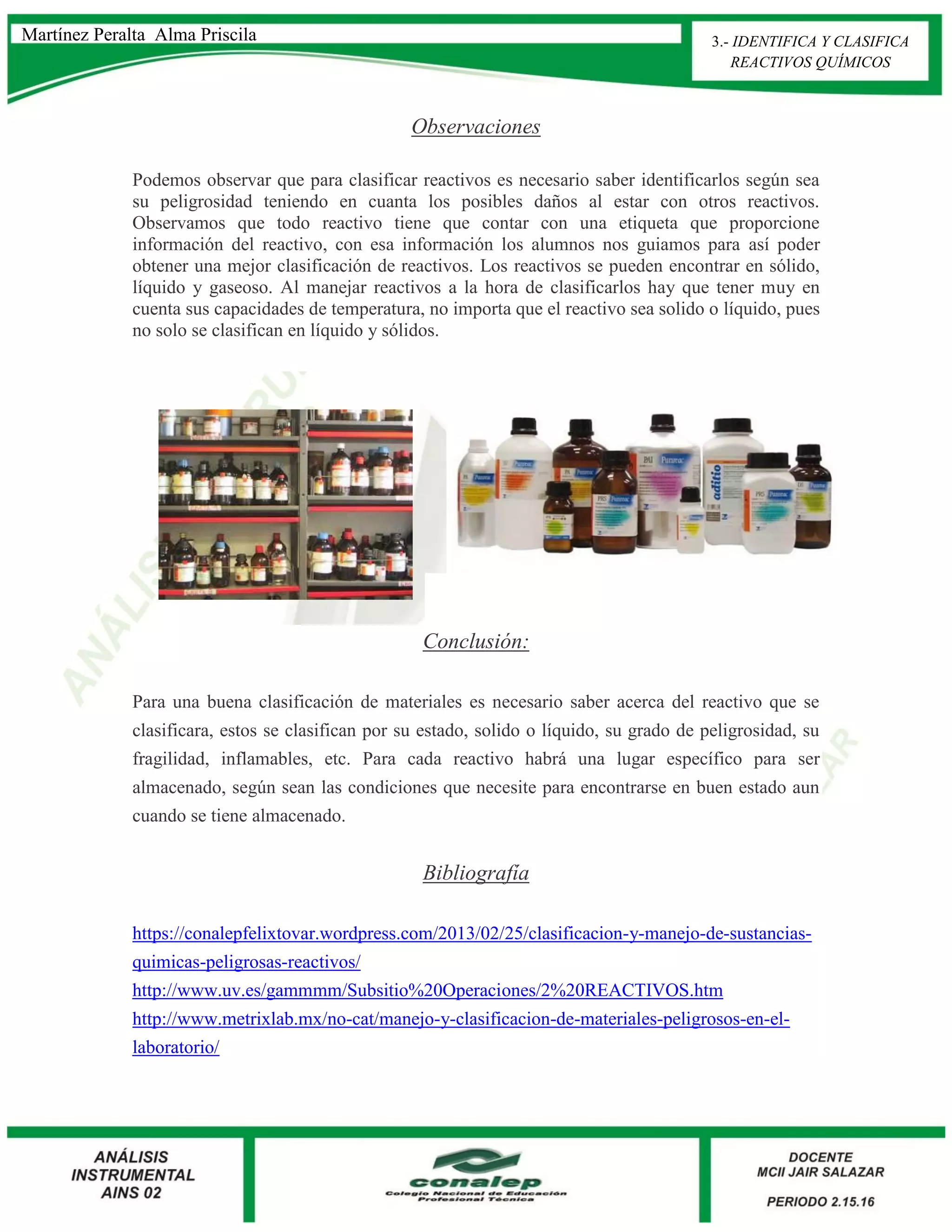 Identifica y clasifica reactivos quimicos | PDF