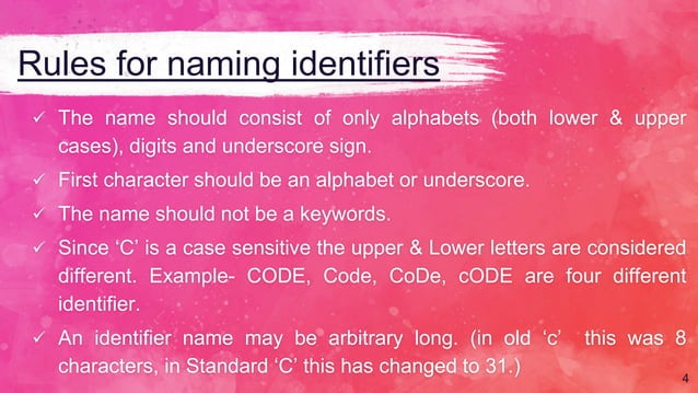 Identifier in c | PPTX | Programming Languages | Computing