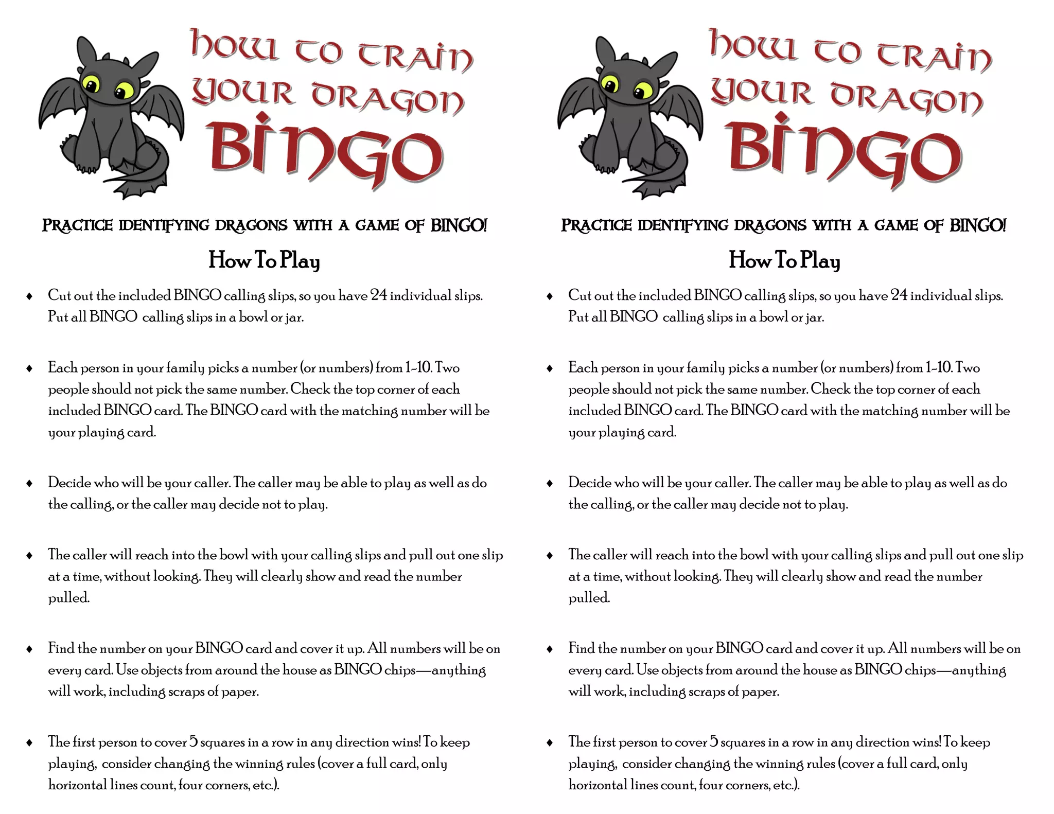 How to Train Your Dragon - BINGO Complete Set, Half Page | PDF