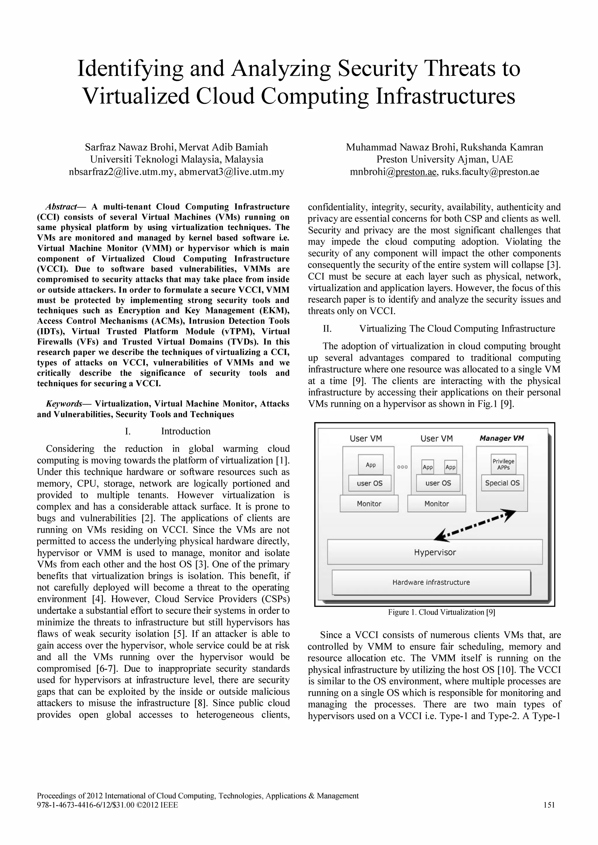 Identifying and analyzing security threats to virtualized cloud computing infrastructures | PDF