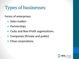 Identifying and describing different types of businesses | PPT