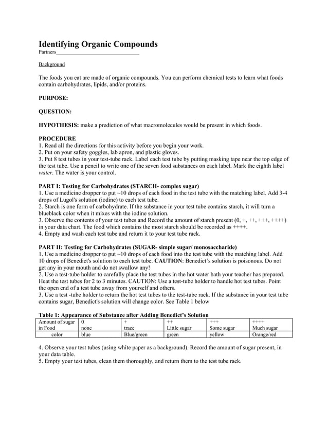 Identifying organic compounds food lab (1) | PDF