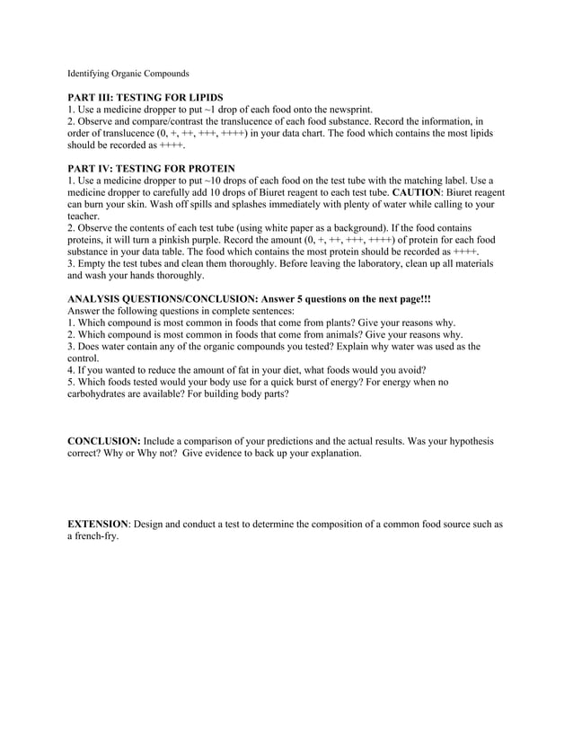 Identifying organic compounds food lab (1) | PDF