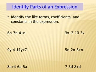 Identifying parts of algebraic expressions | PPT