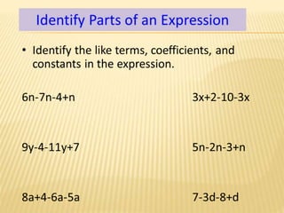 Identifying parts of algebraic expressions | PPT