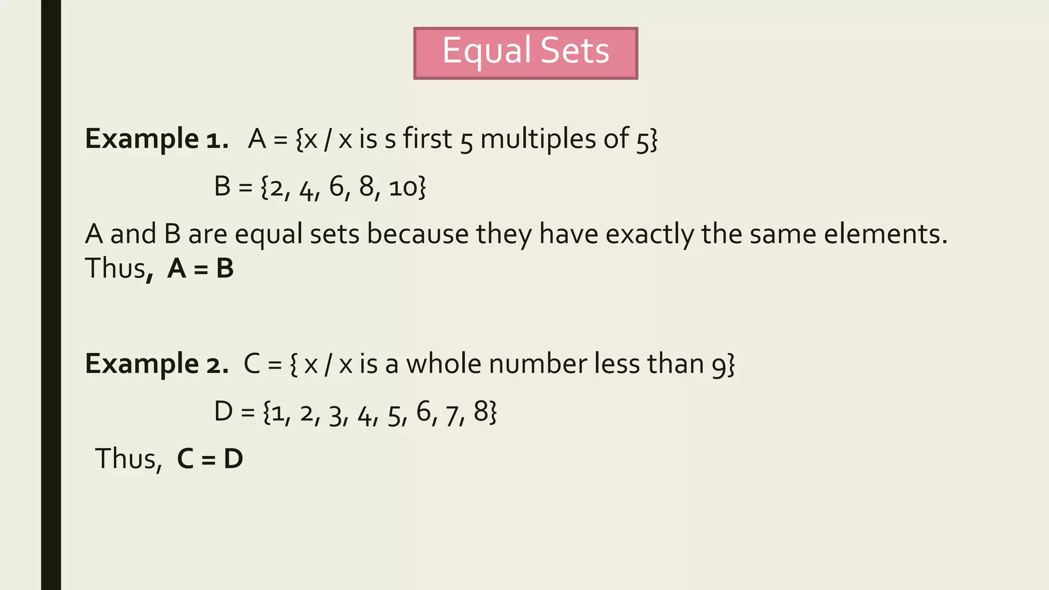 Identifying universal, equal and equivalent sets, | PPTX
