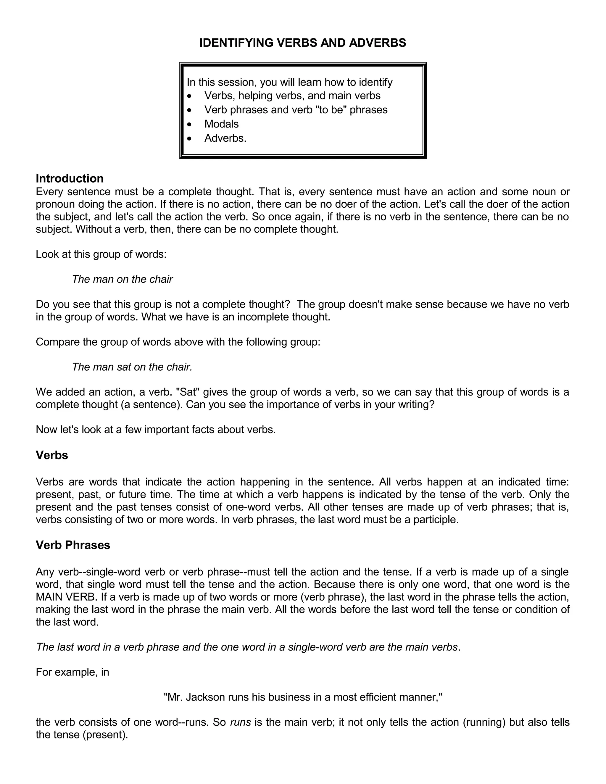 Identifying Verbs and Adverbs | DOC