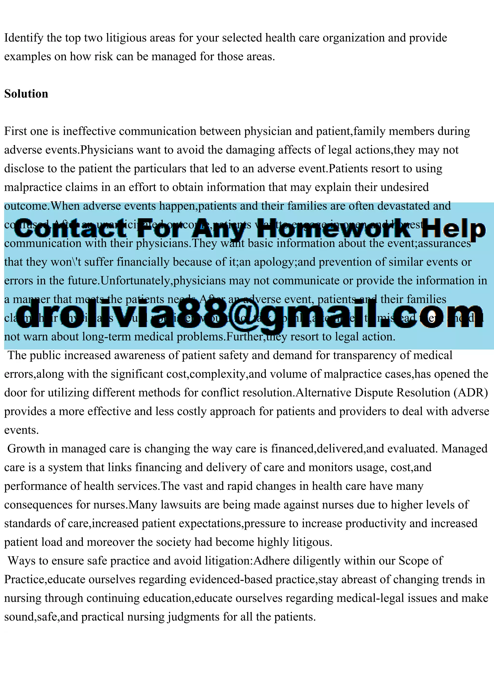 Identify the top two litigious areas for your selected health care o.pdf